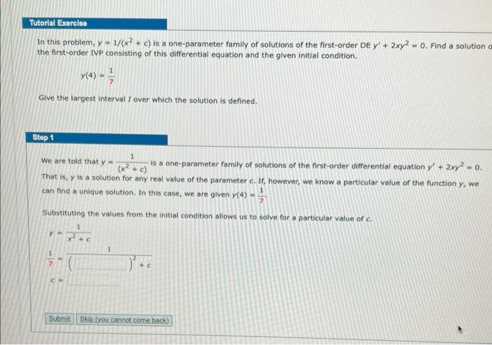 Solved In this problem, y=1/(x2+c) is a one-parameter family | Chegg.com