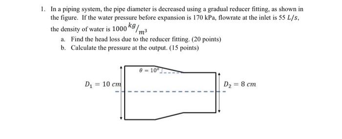 Solved 1. In a piping system, the pipe diameter is decreased | Chegg.com