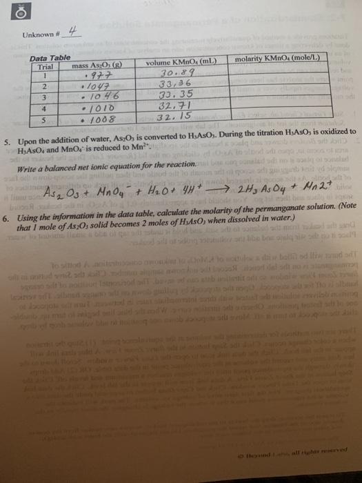 Solved O Unknown #4 molarity KMnO4 (mole/L) . Data Table | Chegg.com Solved O Unknown #4 molarity KMnO4 (mole/L) . Data Table | Chegg.com