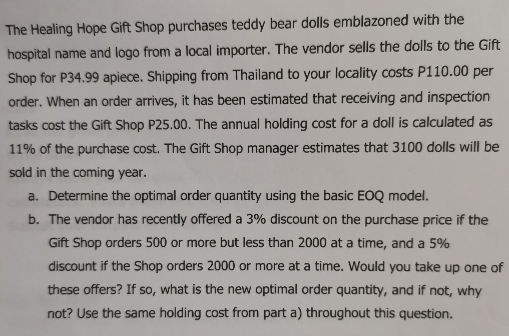 Solved The Healing Hope Gift Shop purchases teddy bear dolls | Chegg.com