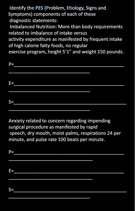 Solved Identify the PES (Problem, Etiology, Signs and | Chegg.com