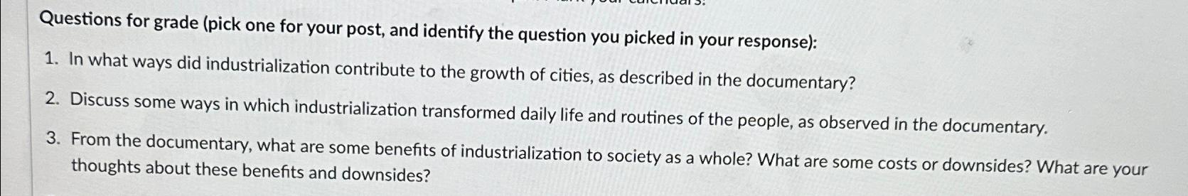 Solved Questions for grade (pick one for your post, and | Chegg.com