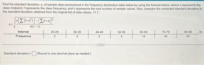 Solved Find the standard deviation, s, of sample data | Chegg.com