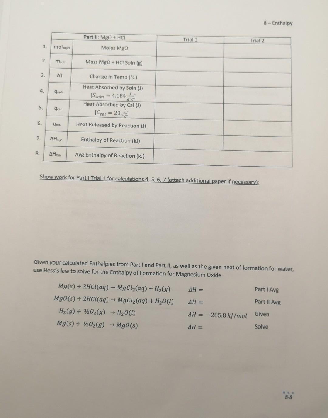 Solved 8 - Enthalpy Report Form Name: Lab Day Lab partner's | Chegg.com