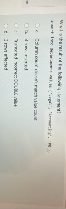 Solved What is the result of the following statement?insert | Chegg.com