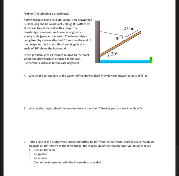 Solved Problem 7 (Stabilizing a drawbridge) 2.0 m A | Chegg.com