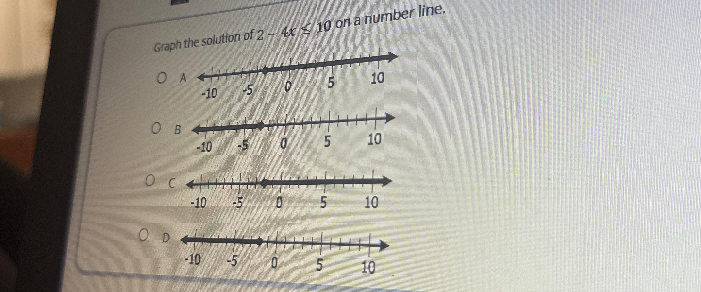 Solved Graph the solution of 2-4x≤10 ﻿on a number line.ABCD | Chegg.com