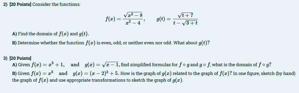 Solved 2) [20 Points] Consider the functions: | Chegg.com