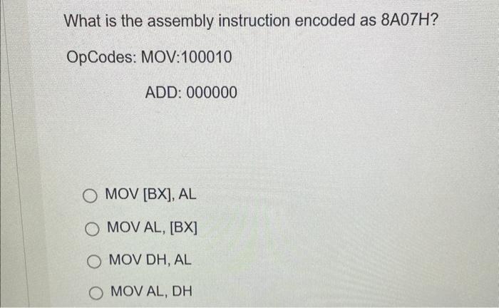 Solved What is the assembly instruction encoded as 8 A07H ? | Chegg.com