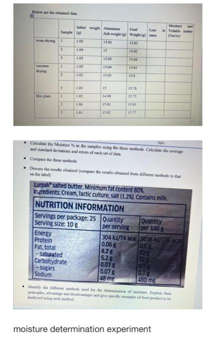 Solved - Calculate the Moisture 45 in the samples using the | Chegg.com