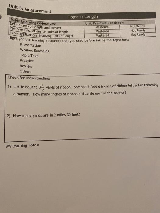 Solved Unit 6: Measurement Topic Learning Objectives: Topic | Chegg.com