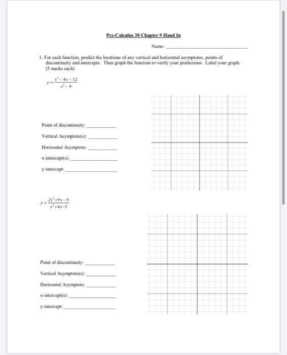 Solved Pre-Calculus 30 Chapter 9 Hand In Name: 1. For each | Chegg.com