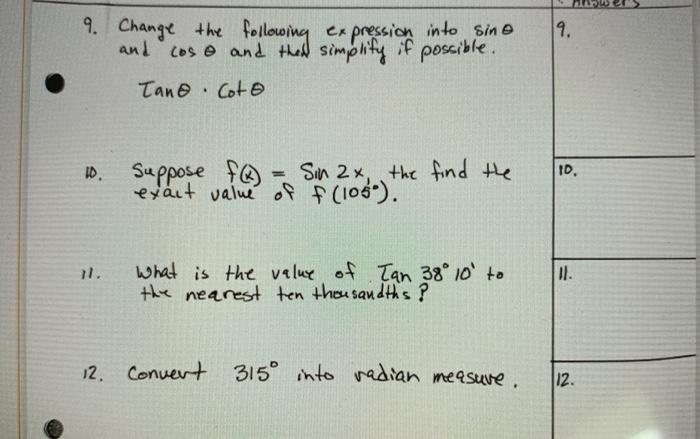Solved circle trig exam. please do questions 9,10,11, and 12 | Chegg.com