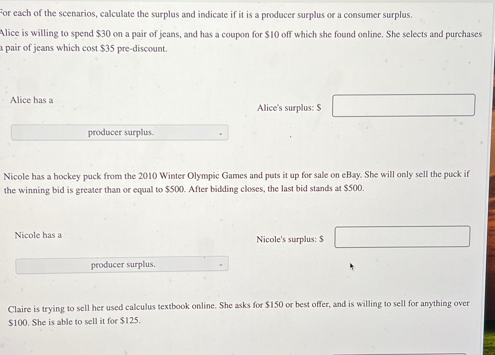 Solved For each of the scenarios, calculate the surplus and | Chegg.com