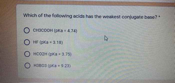 Solved Which of the following acids has the weakest | Chegg.com