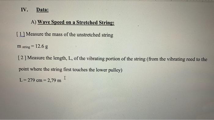 Solved IV. Data: A) Wave Speed on a Stretched String: [1] | Chegg.com