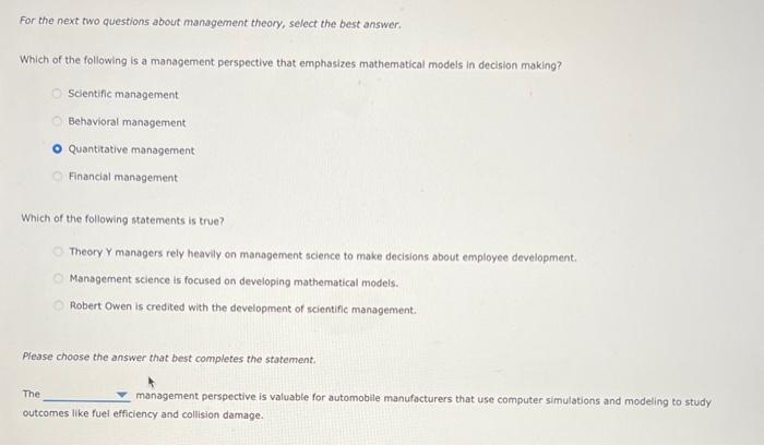 For the next two questions about management theory, | Chegg.com