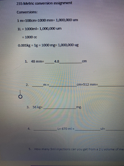 Solved 235 Metric conversion assignment Conversions: 1 | Chegg.com