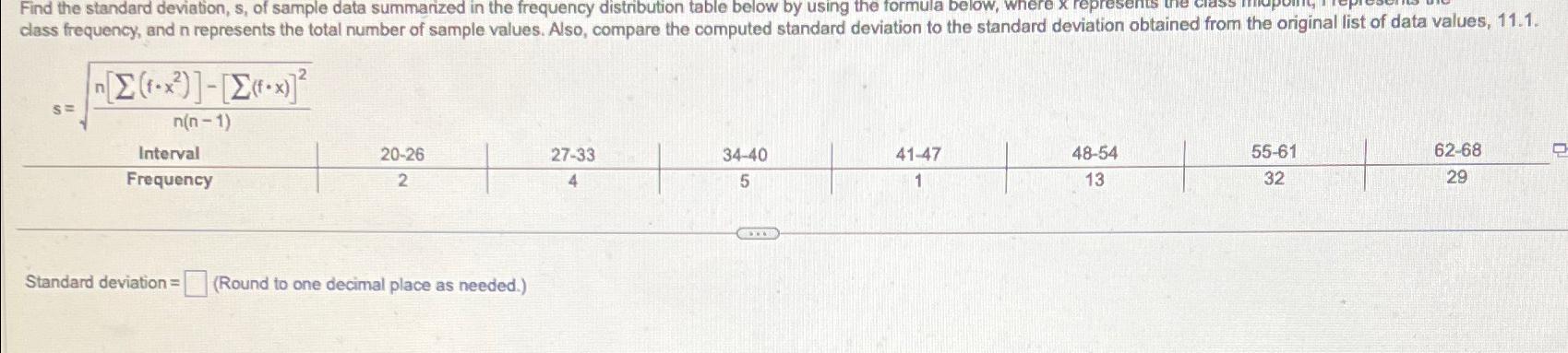 Solved Find the standard deviation, s, ﻿of sample data | Chegg.com