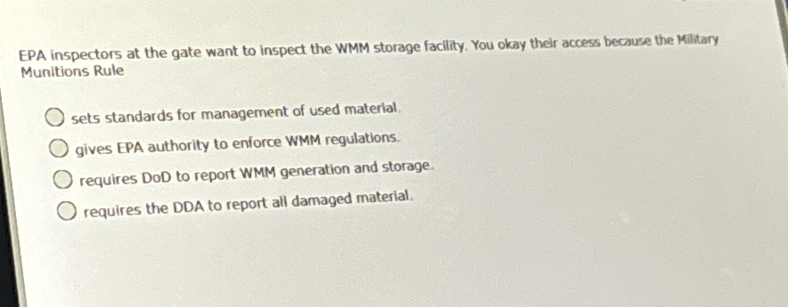 Solved EPA inspectors at the gate want to inspect the WMM | Chegg.com
