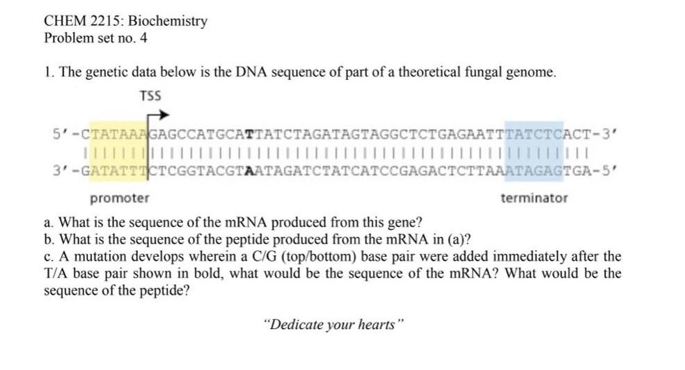 Solved CHEM 2215: Biochemistry Problem set no. 4 1. The | Chegg.com