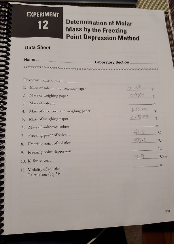 Solved EXPERIMENT 12 Determination of Molar Mass by the | Chegg.com