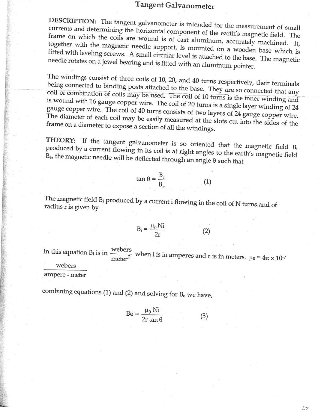 Tangent Galvanometer DESCRIPTION: The tangent | Chegg.com
