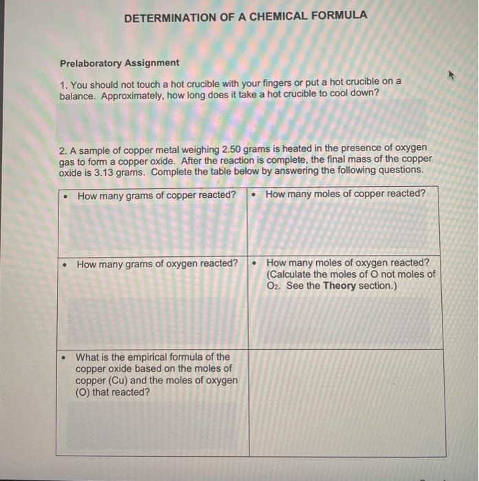 Solved DETERMINATION OF A CHEMICAL FORMULA Prelaboratory | Chegg.com