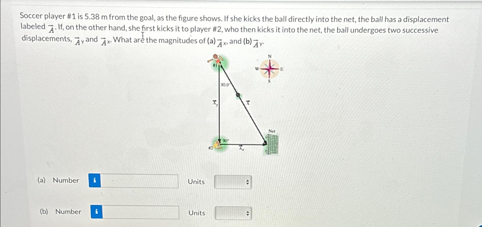 Solved Soccer player #1 ﻿is 5.38m ﻿from the goal, as the | Chegg.com
