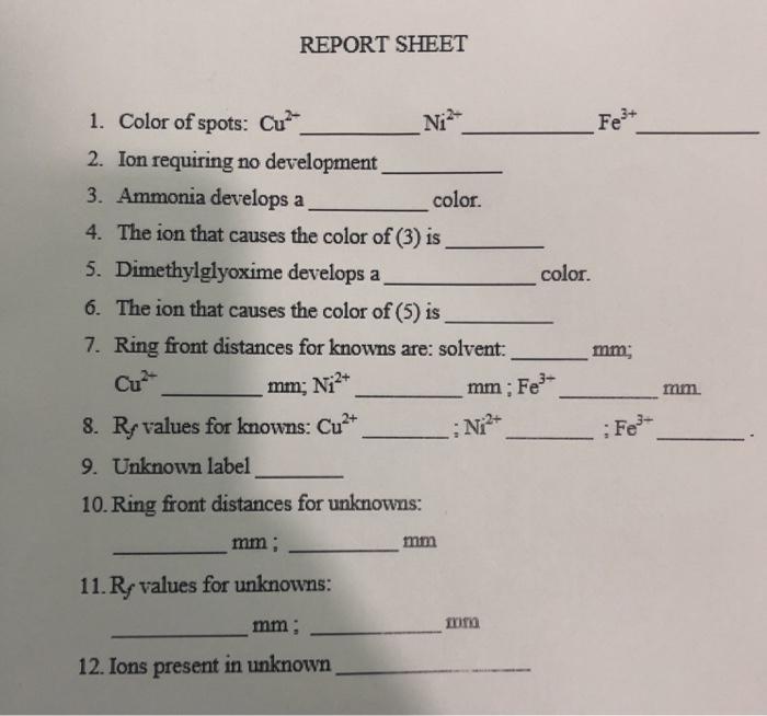 Solved REPORT SHEET Ni- Fe3+ 1. Color of spots: Cum 2. Ion | Chegg.com