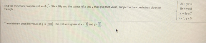 Solved 2x +y25 Find the minimum possible value of g 50x +70y | Chegg.com