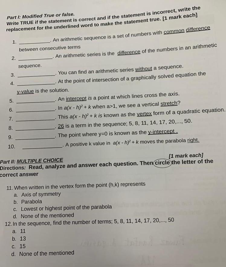 Solved Part l: Modified True or false. Write TRUE if the | Chegg.com