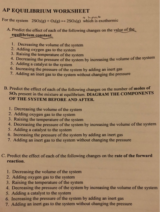 Solved AP EQUILIBRIUM WORKSHEET theast For the system | Chegg.com