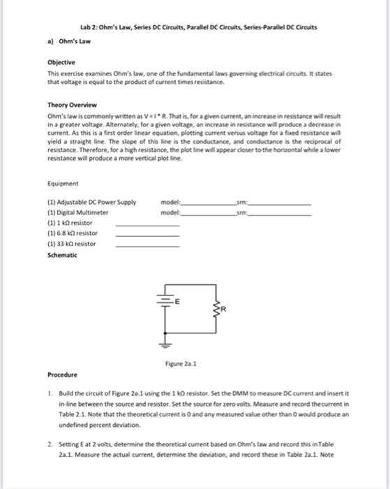 Solved Lab 2: Ohm's Law, Series DC Circuits, Parallel DC | Chegg.com