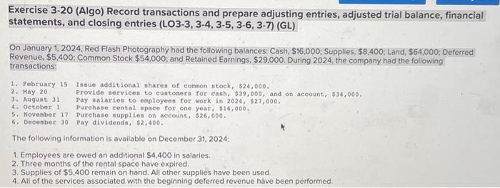 Solved Exercise 3-20 (Algo) Record transactions and prepare | Chegg.com