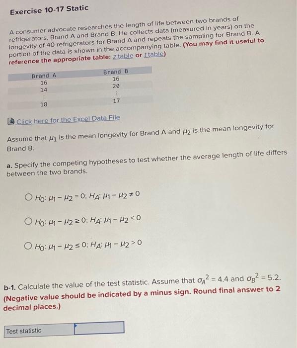 Solved Exercise 10-17 Static A consumer advocate researches | Chegg.com