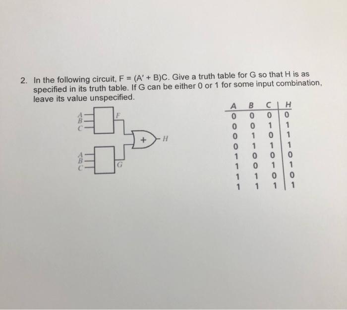 Solved 2. In the following circuit, F=(A′+B)C. Give a truth | Chegg.com
