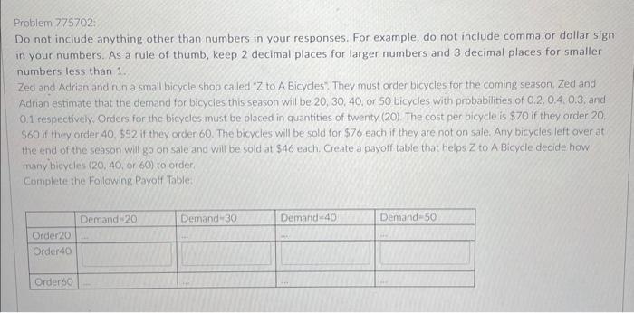 Solved Problem 775702 Do not include anything other than | Chegg.com