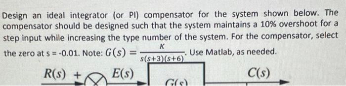 Solved Design an ideal integrator (or PI) compensator for | Chegg.com