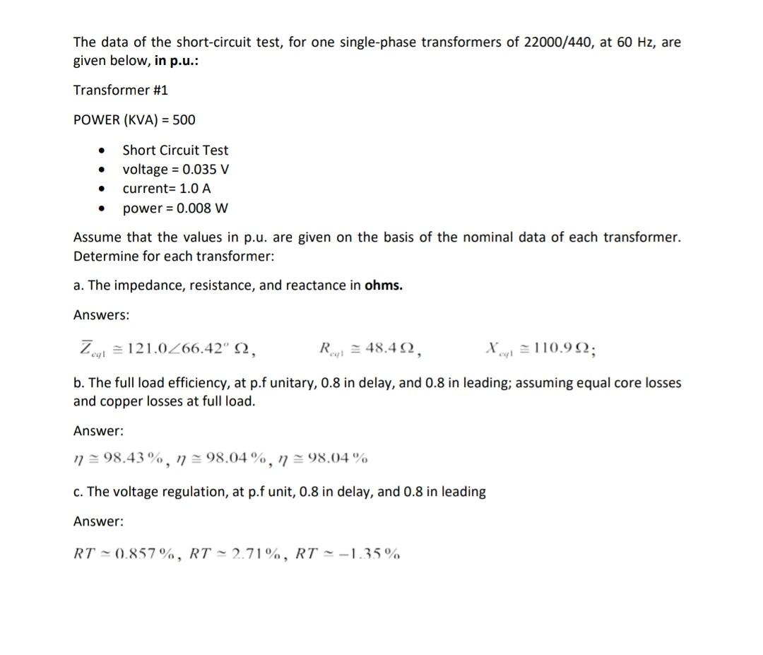 Solved The data of the short-circuit test, for one | Chegg.com