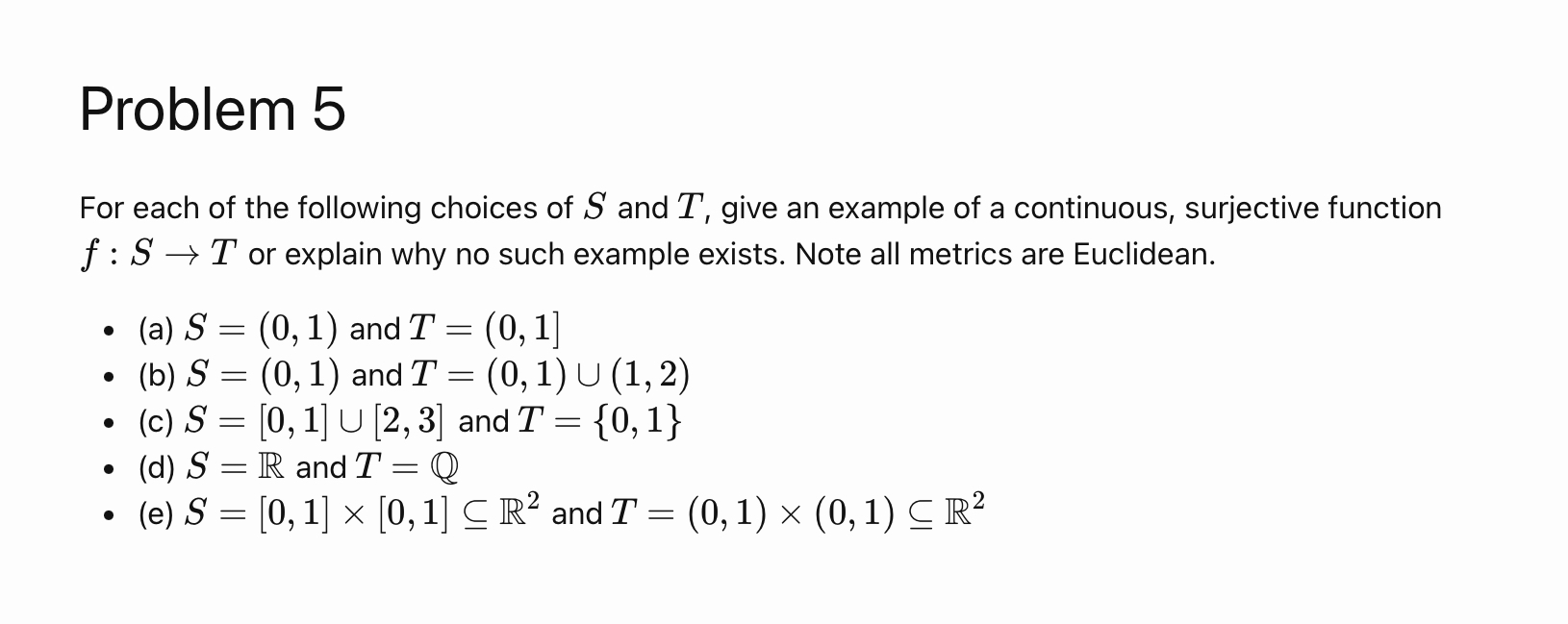 Solved Problem 5For each of ﻿the following choices of S ﻿and | Chegg.com