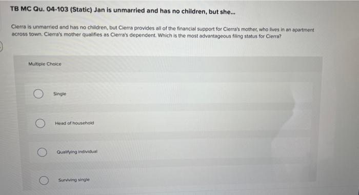 Solved TB MC Qu. 04-103 (Static) Jan is unmarried and has no | Chegg.com