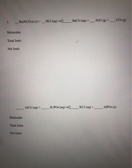 Solved 1. _ Ba(HCO3)2 (s) + _HCI (aq) - BaCl2 (aq) + __ | Chegg.com