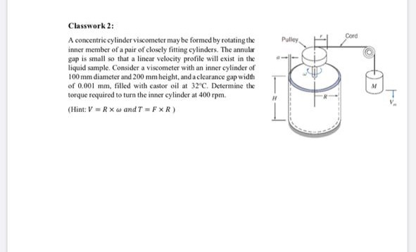 Solved Cord Pulley A concentric cylinder viscometer may be | Chegg.com
