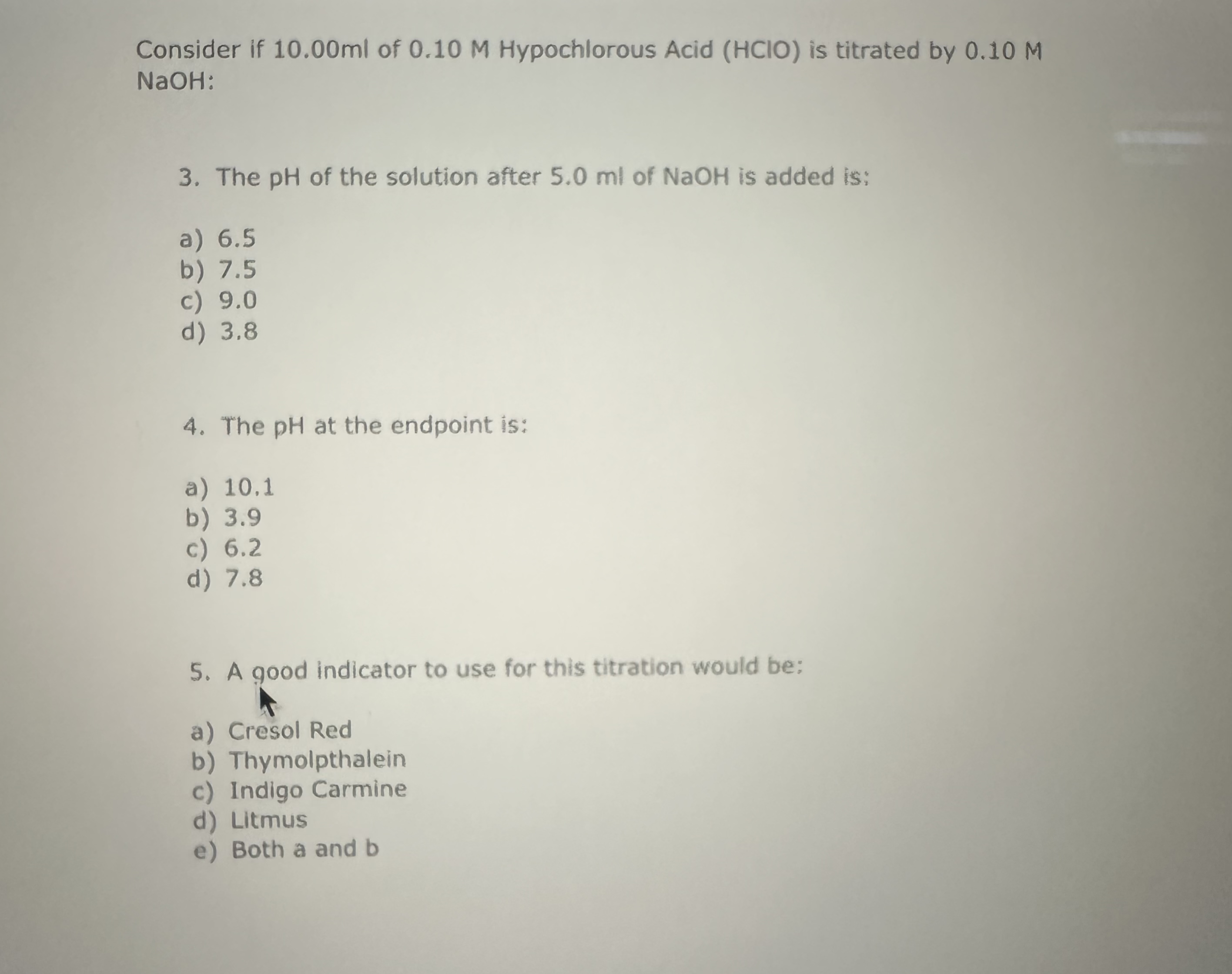 Solved Consider if 10.00ml ﻿of 0.10M ﻿Hypochlorous Acid | Chegg.com