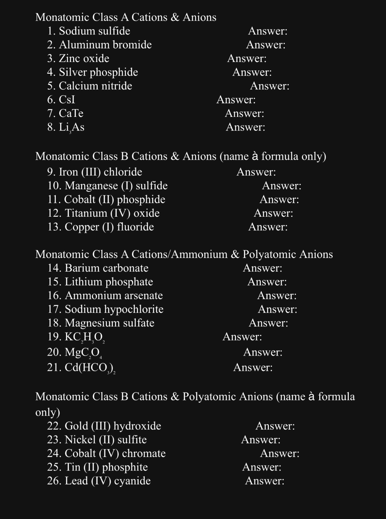 Solved Monatomic Class A Cations & AnionsSodium | Chegg.com