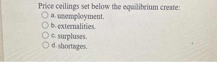 Solved Price ceilings set below the equilibrium create: a. | Chegg.com
