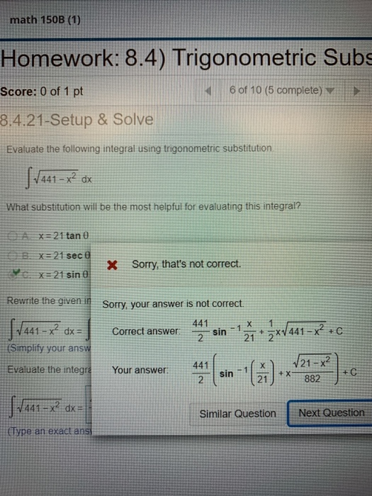Solved math 150B (1) Homework: 8.4) Trigonometric Subs | Chegg.com