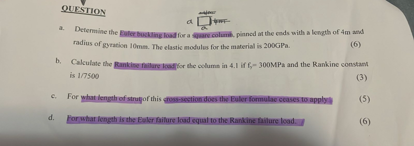 Solved QUESTIONa ﻿a. ﻿Determine the Euler buckling load | Chegg.com