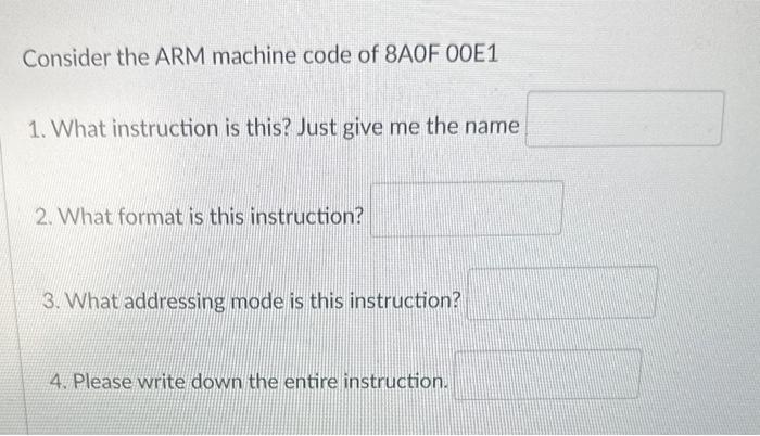 Solved Consider the ARM machine code of 8AOF O0E1 1. What | Chegg.com